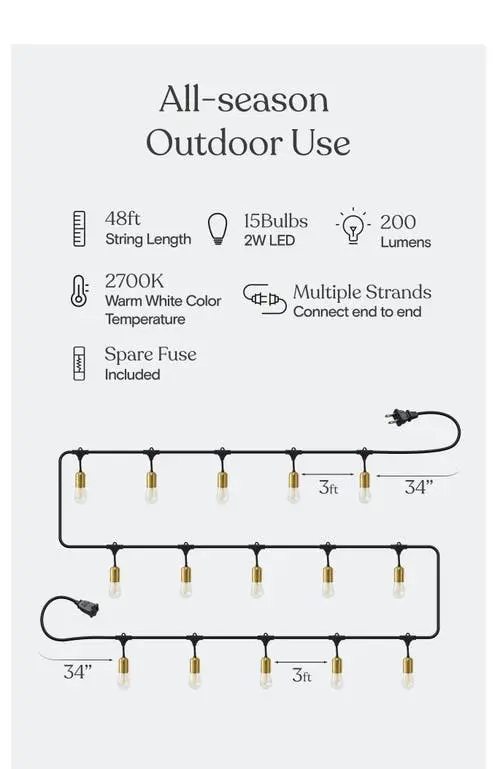 BRIGHTECH 48 Ft, 15‑light Plug‑in Heavy Duty Led Outdoor String Lights